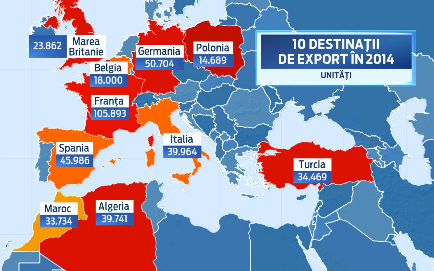 Harta exporturilor de masini produse in Romania in 2014. Unde au ajuns ...