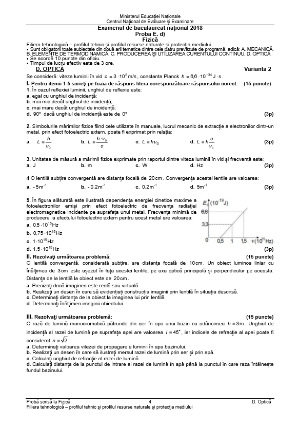SUBIECTE și BAREM FIZICĂ BAC 2018. Subiectele și Baremul de corectare ...